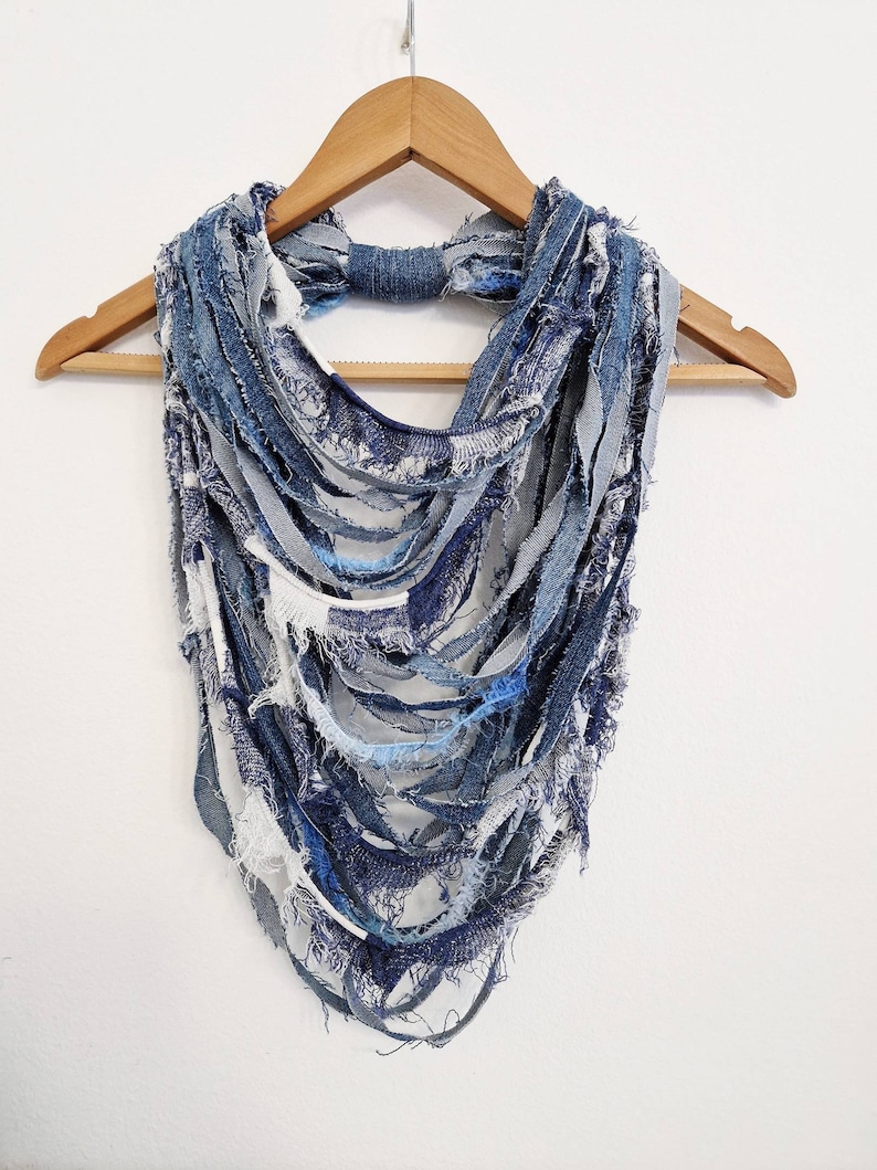 Upcycled Jeans Frayed Jeans Denim Scarf Necklace Fabric Jewelry Textile ...