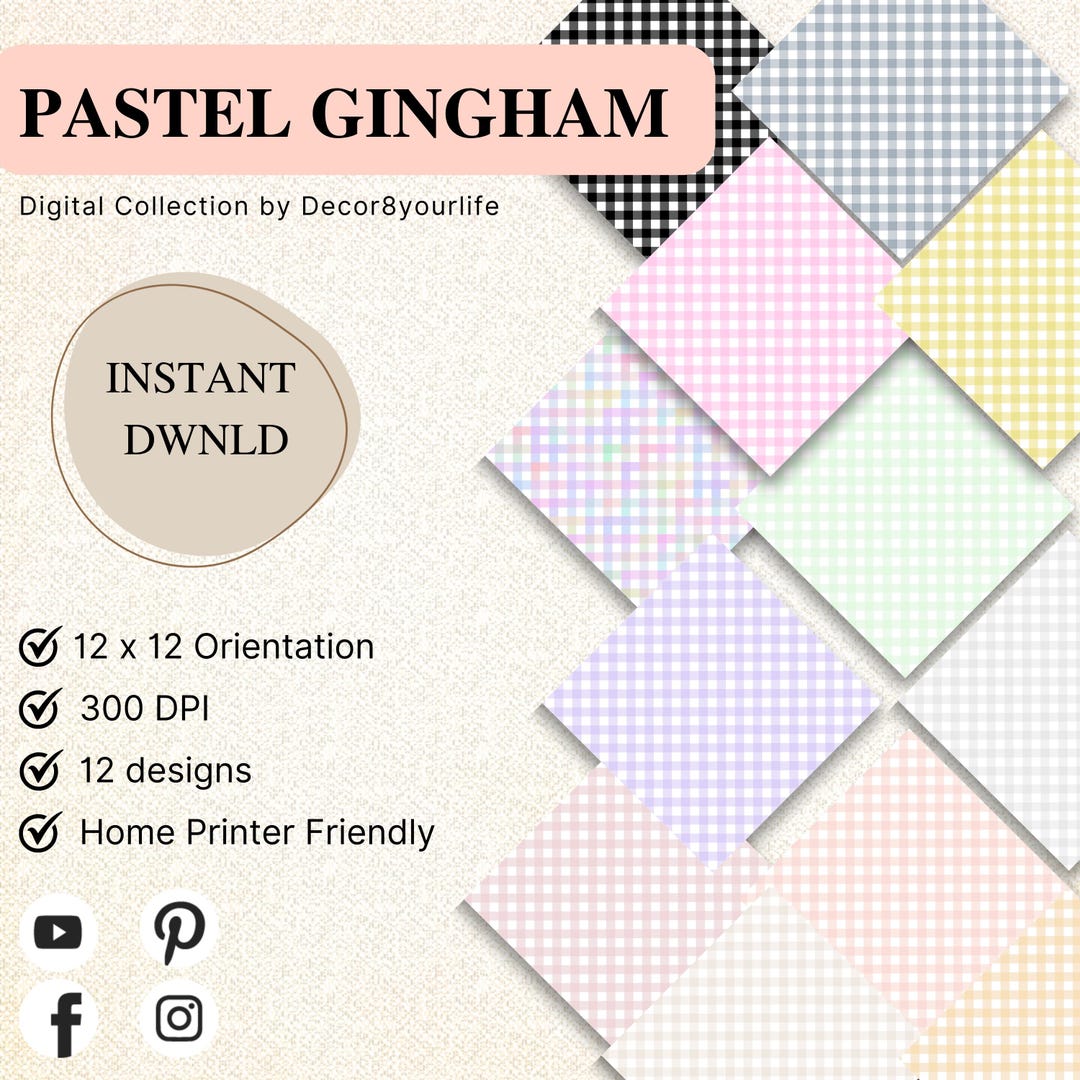 Pastel Gingham Digital Paper Pack: Scrapbook Collage Sheets (instant ...