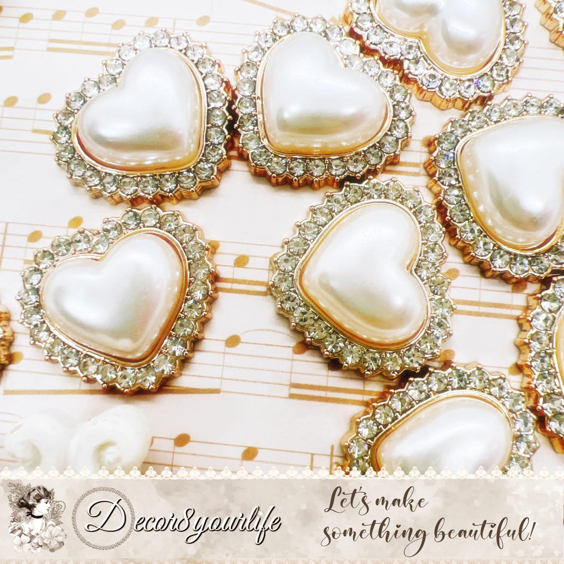 Rhinestone Pearl Heart Flat Back Gold-tone Button Craft Embellishments ...