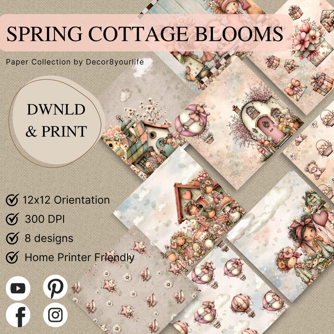 Spring Cottage Blooms Digital Paper Collection | Whimsical Scrapbook ...