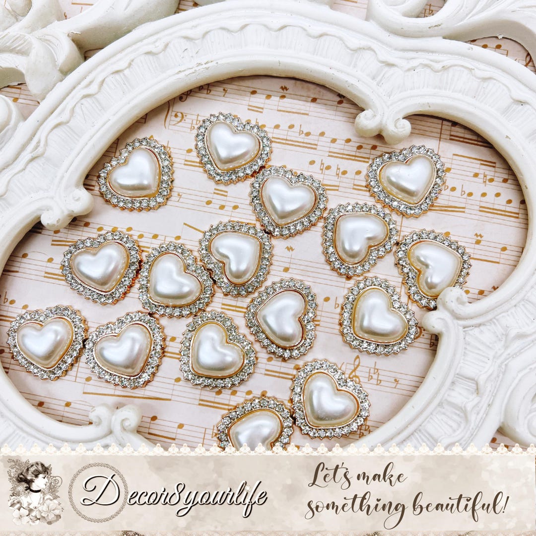 Rhinestone Pearl Heart Flat Back Gold-tone Button Craft Embellishments ...