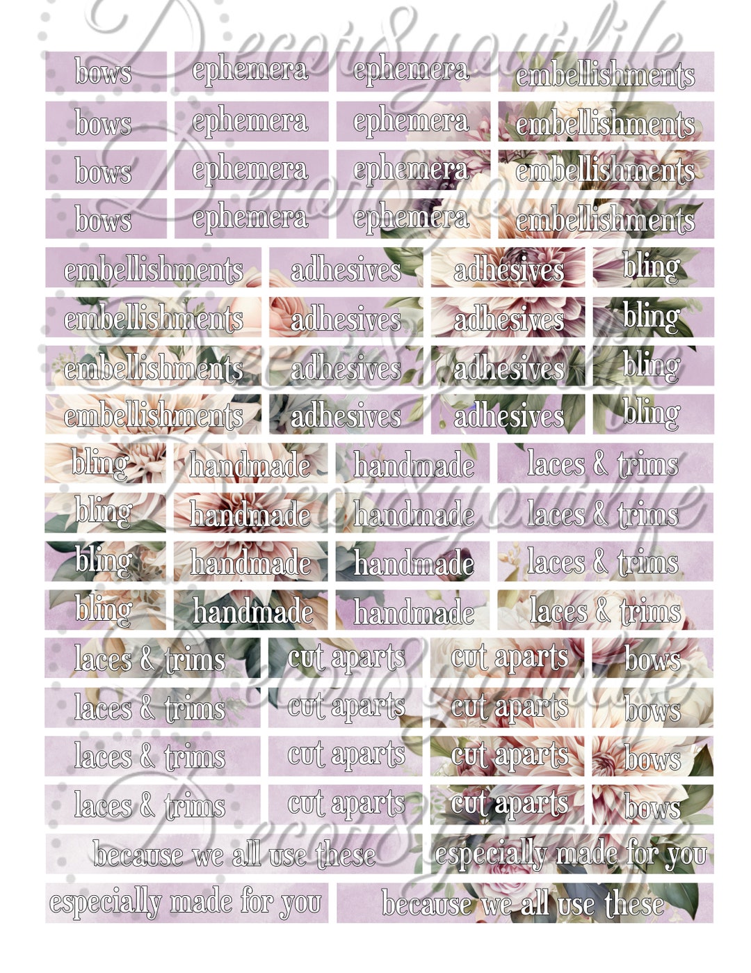 Printable Crafty Word Strips: Lavender Floral Sentiments (PDF) - Etsy