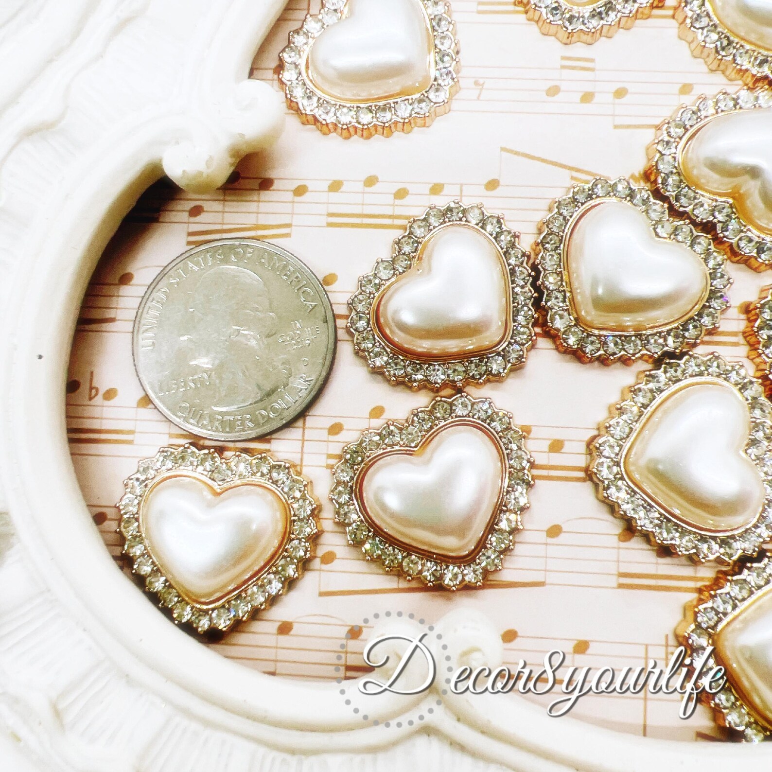 Rhinestone Pearl Heart Flat Back Gold-tone Button Craft Embellishments ...