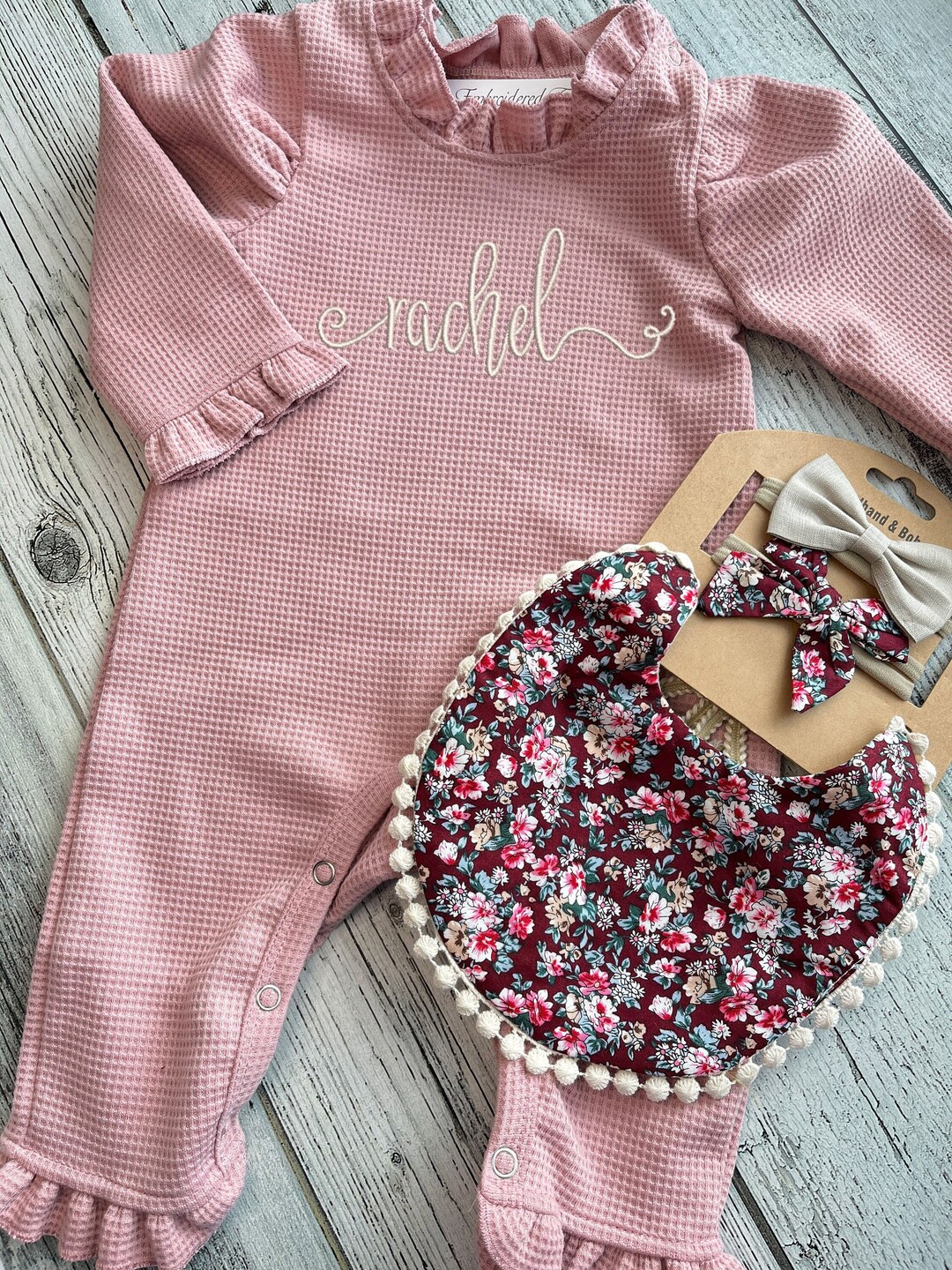 Personalized Dusty ROSE Ruffle Edge Waffle Weave Romper |take Home ...