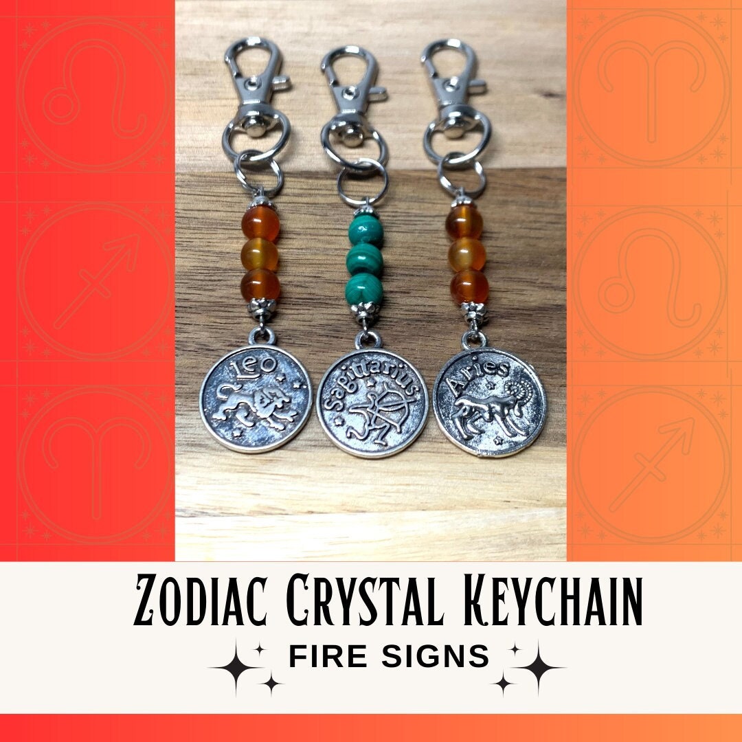 Fire Sign Zodiac Crystal Keychain, Aries, Leo, Sagittarius, Carnelian ...