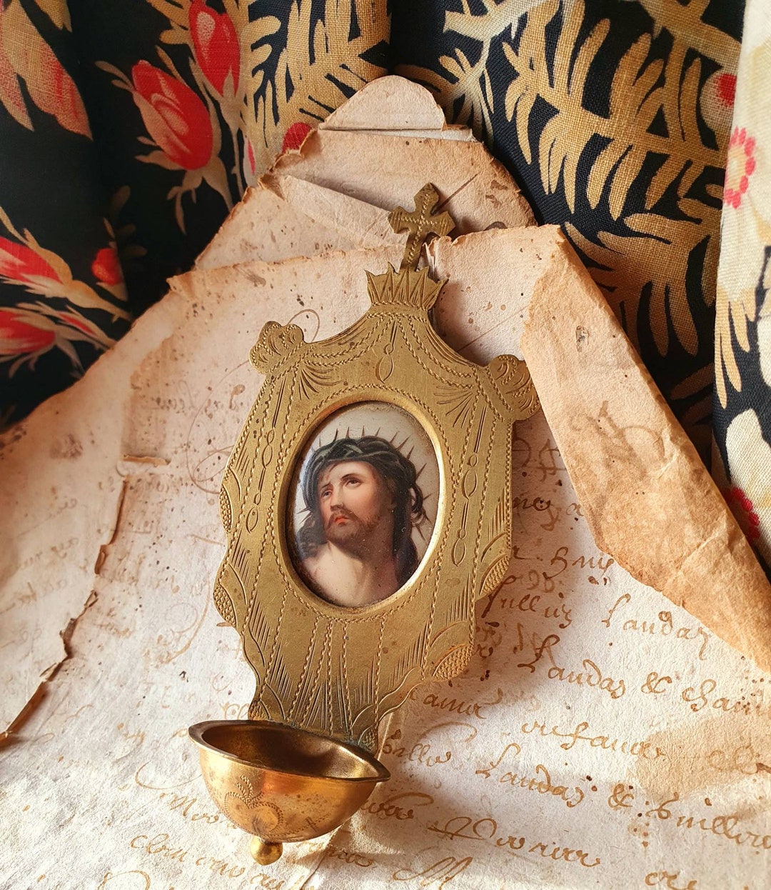 Divine Petit Antique French Religious Gilt Tole Crucifix Topped ...