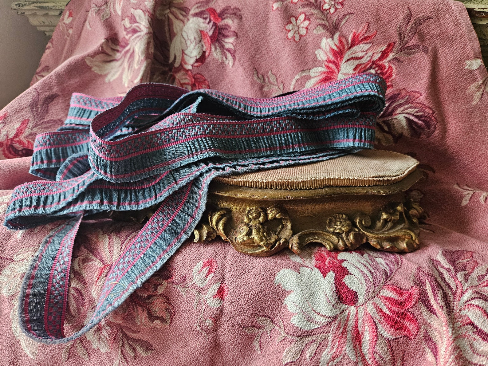 5.48 Mtrs of Stunning Antique French Cerise Pink & Teal Blue Silk ...