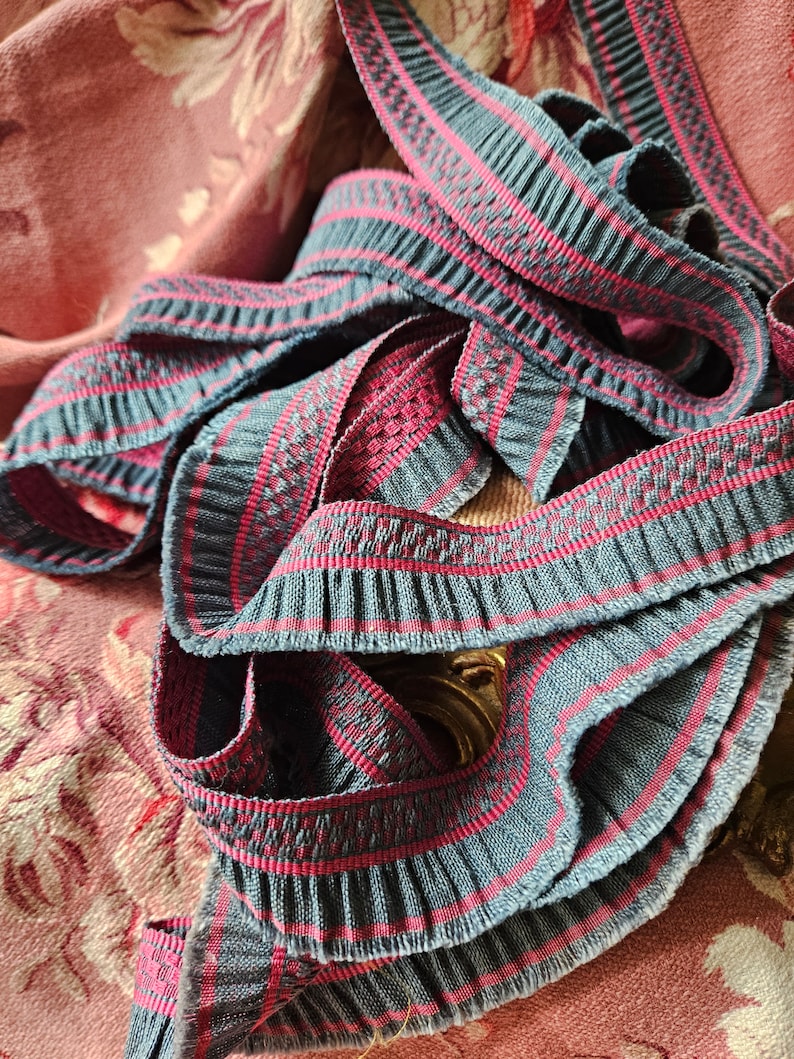 5.48 Mtrs of Stunning Antique French Cerise Pink & Teal Blue Silk ...