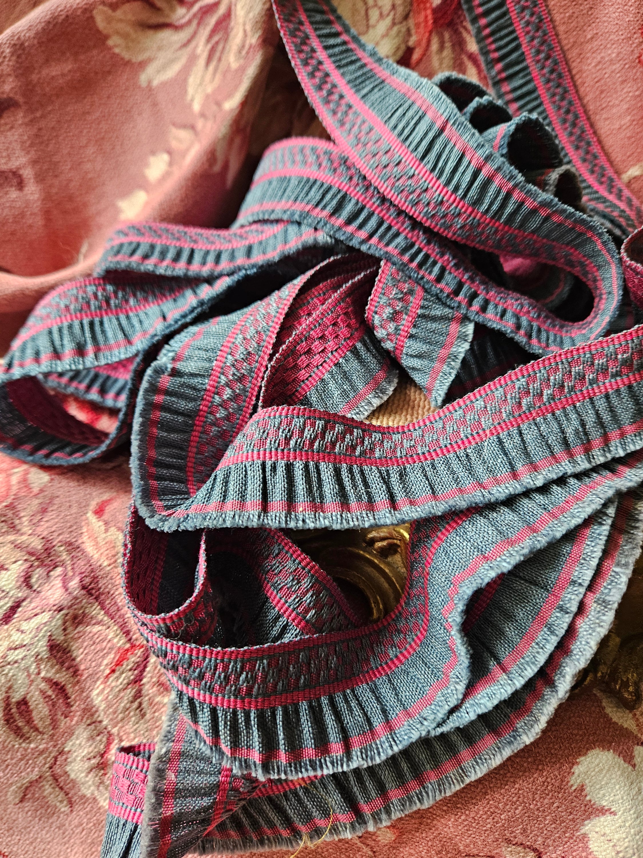 5.48 Mtrs of Stunning Antique French Cerise Pink & Teal Blue Silk ...