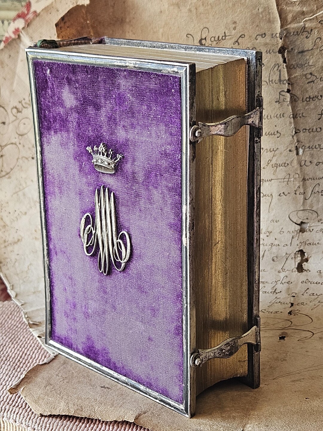 Divine 19thc Antique French Religious Timeworn Purple Velvet Paroissien ...