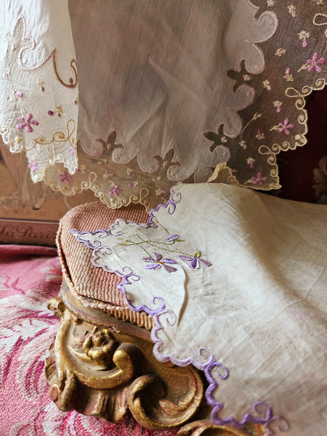 Exquisite Unique Pair of 19thc Antique French Delicate Embroidered Silk ...