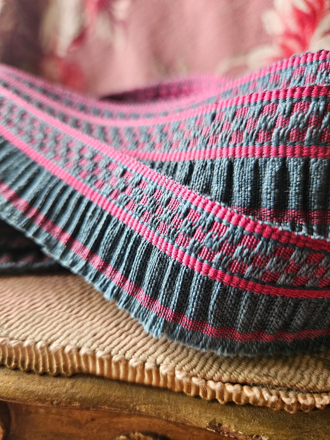 3.04 Mtrs of Stunning Antique French Cerise Pink & Teal Blue Silk ...
