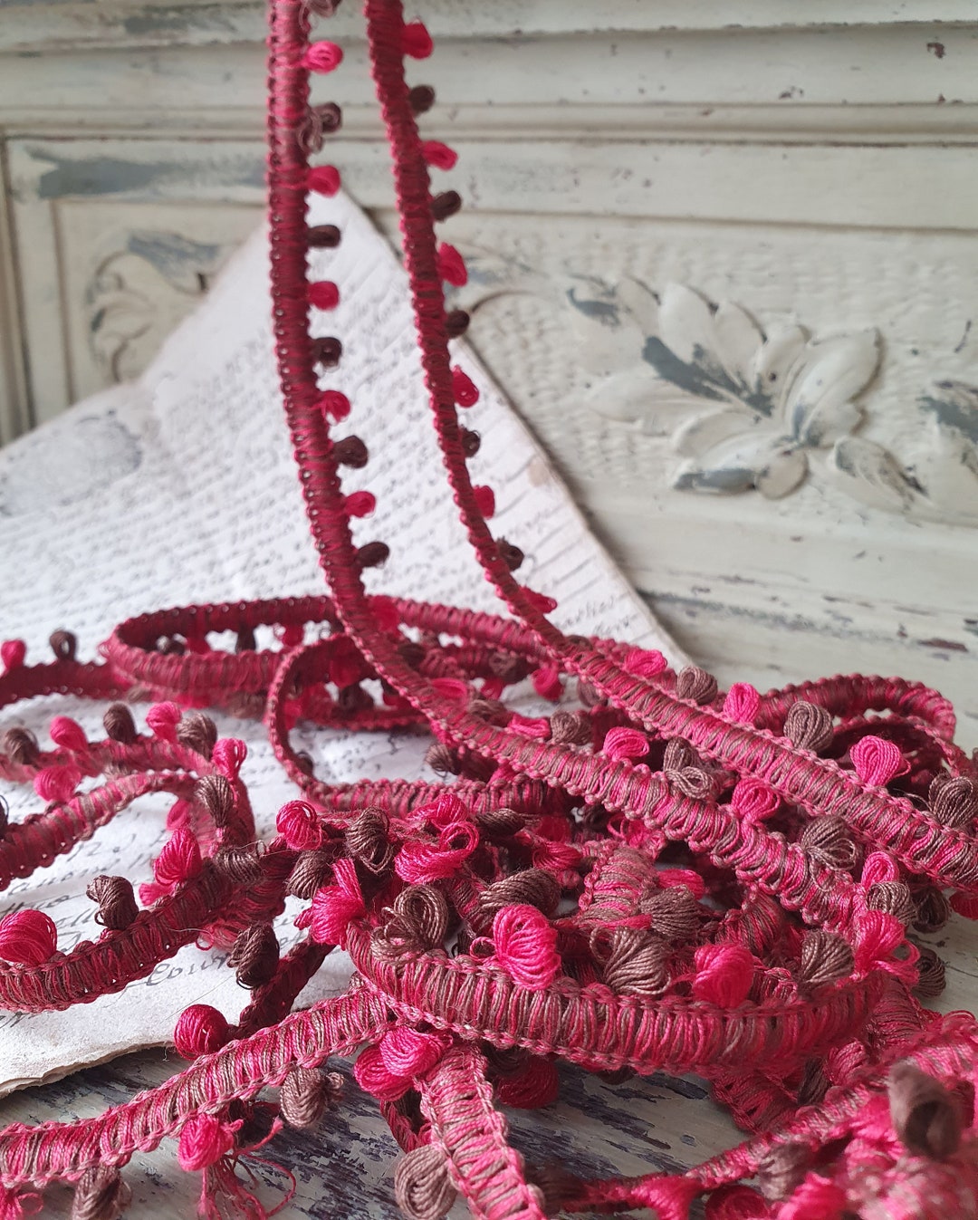 3.35 Mtrs of Antique French Narrow Fringed Red & Taupe Passementerie ...