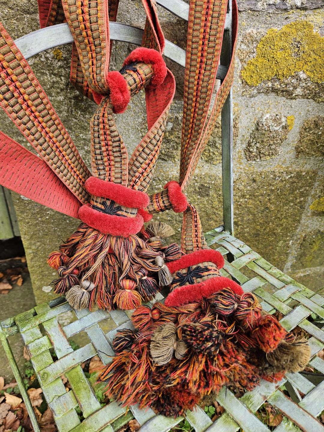 Rare Pair of Antique French Timeworn Red & Green Textile Tiebacks ...