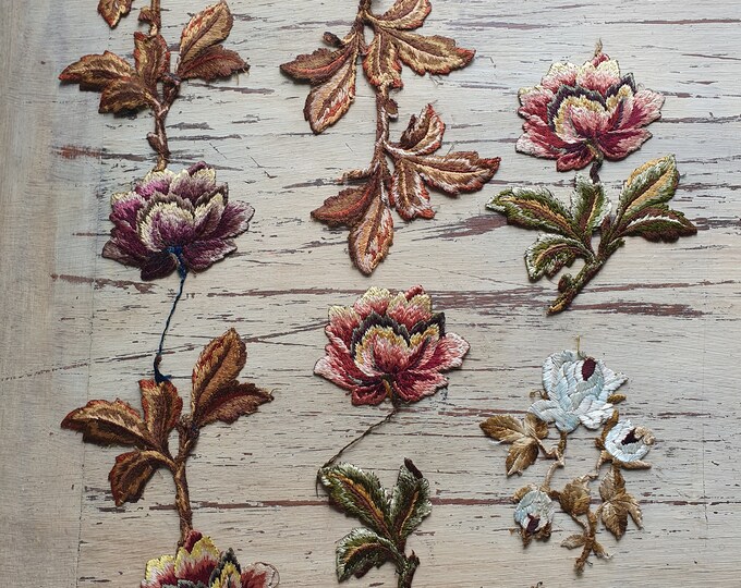 Stunning Unique Batch of Antique French Silk Embroidered Floral ...