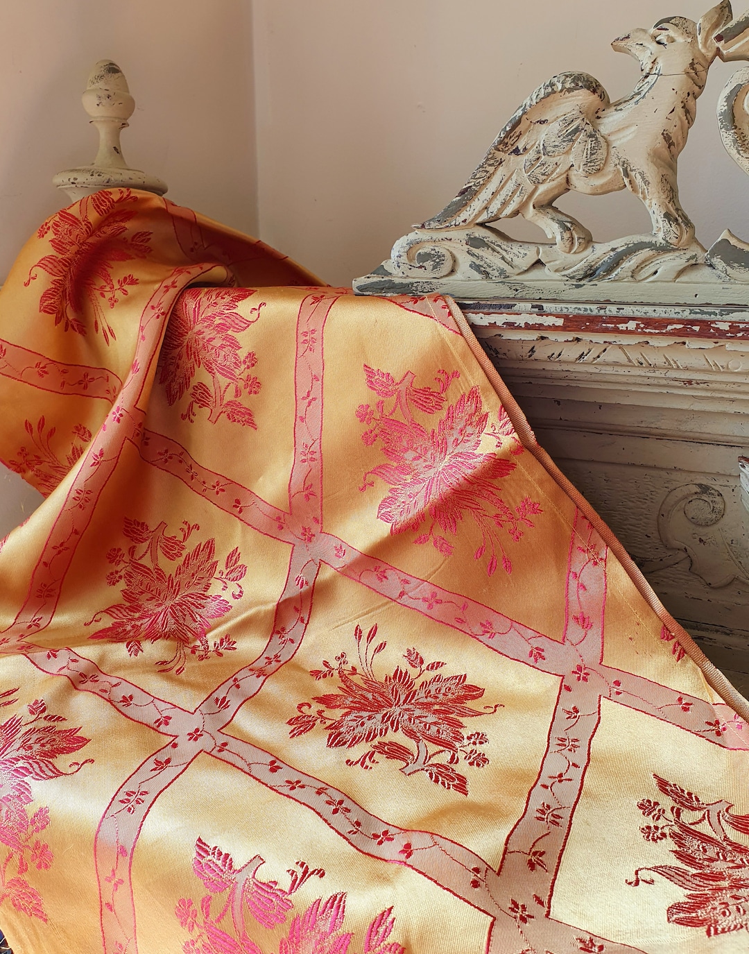 Stunning Opulent Antique French Shimmering Gold & Pink Satin Damask ...
