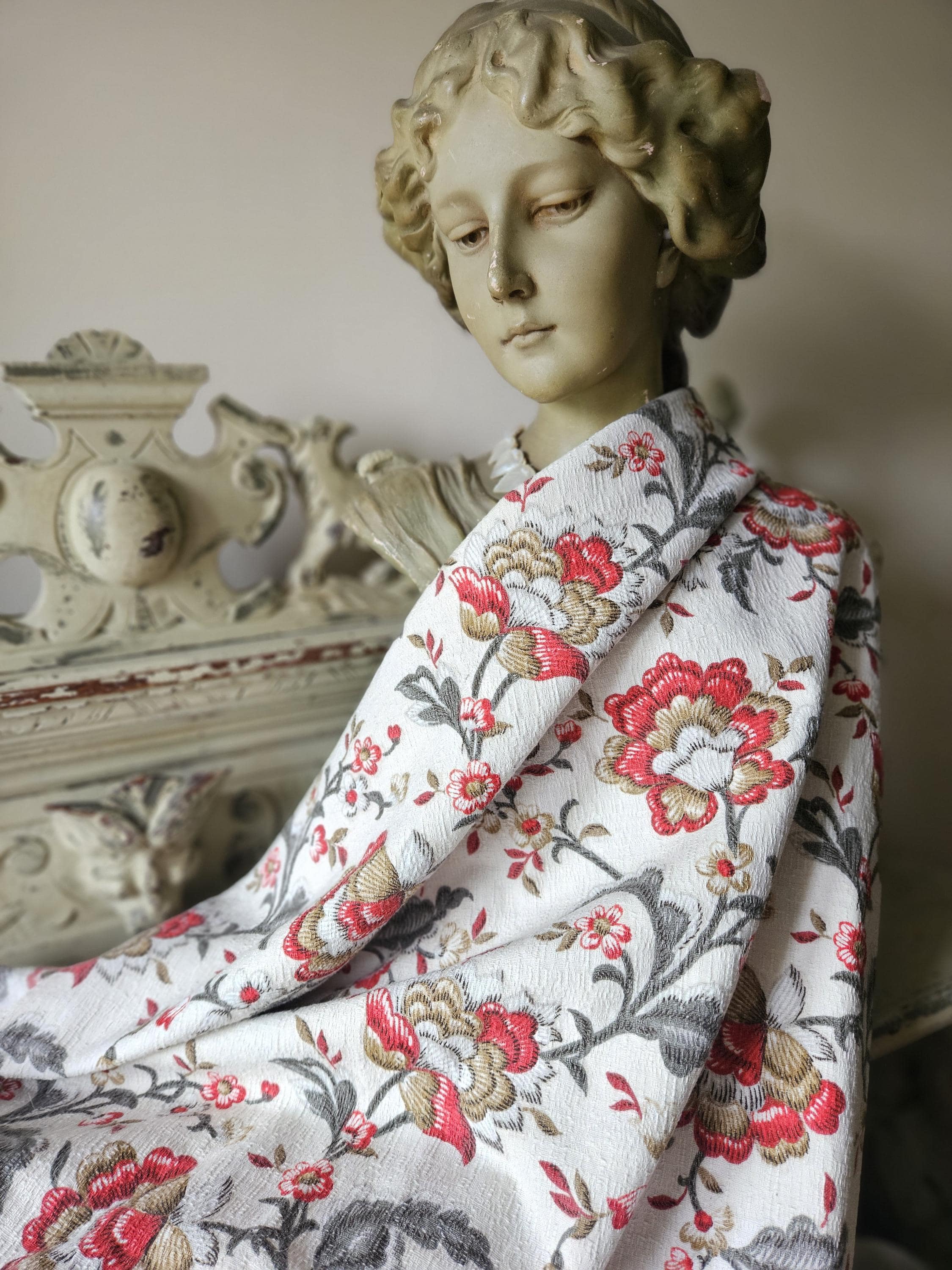 Beautiful Vintage Mid-century French Floral Textured Duck Cloth Cotton ...