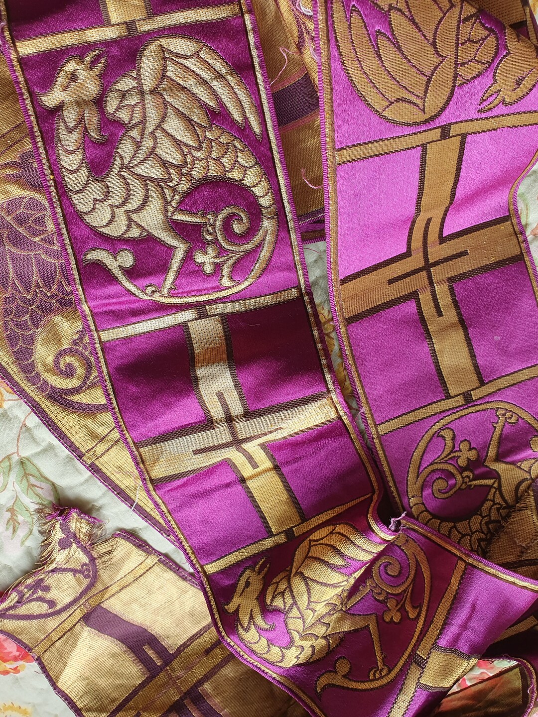 Stunning Striking Antique French Religious Purple Silk Ribbon Crucifix ...