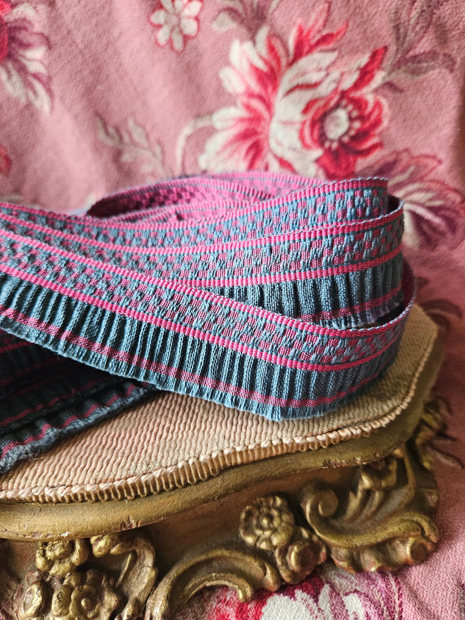 5.48 Mtrs of Stunning Antique French Cerise Pink & Teal Blue Silk ...