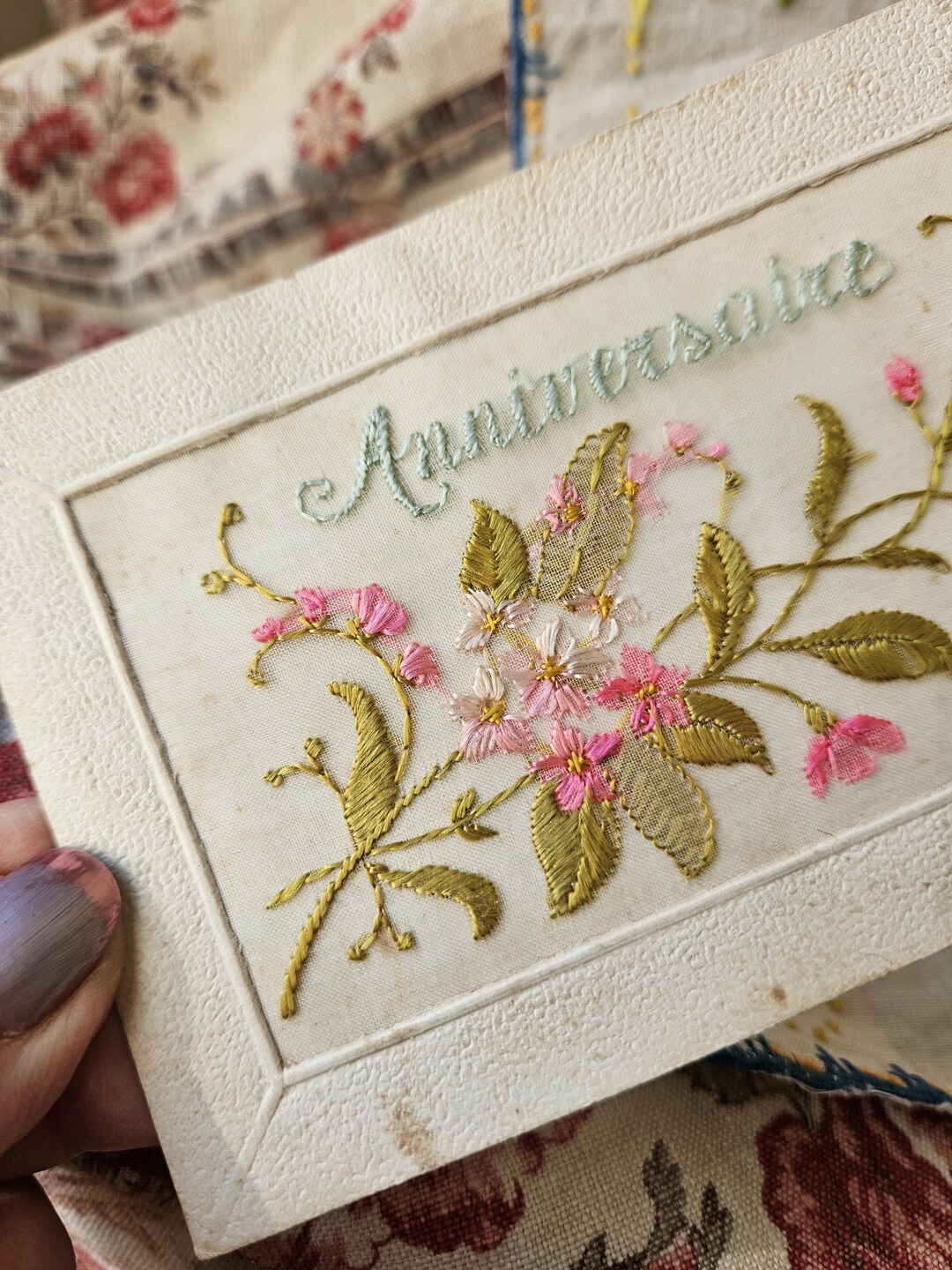 Gorgeous Pair of Antique French Pretty Embroidered Carte Postale ...