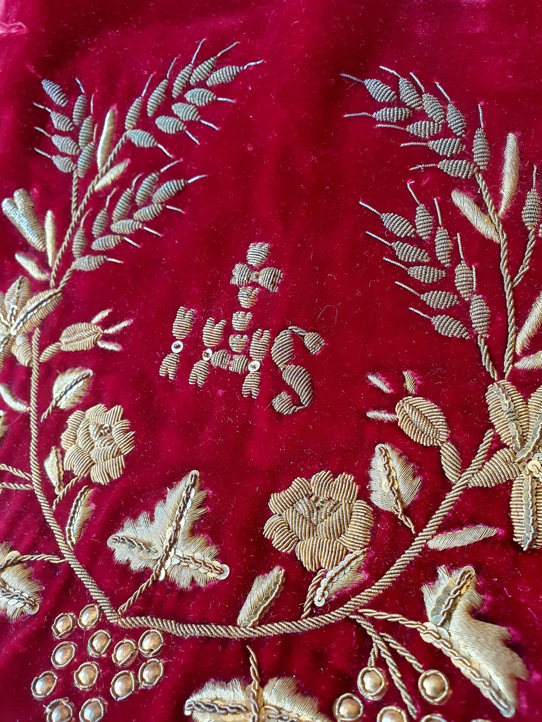 Stunning Antique French Gilt Metallic Embroidered Religious IHS Red ...
