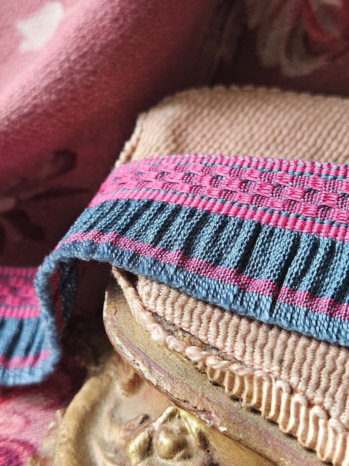 5.48 Mtrs of Stunning Antique French Cerise Pink & Teal Blue Silk ...
