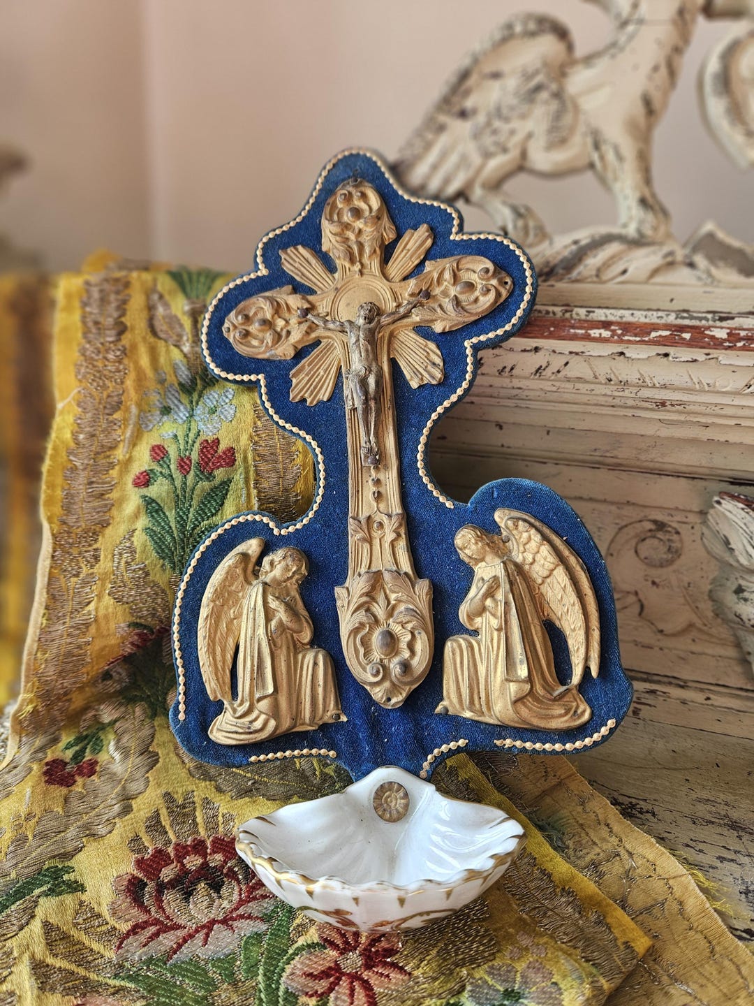 Exquisite 19thc Antique French Religious Blue Velvet Covered Crucifix ...