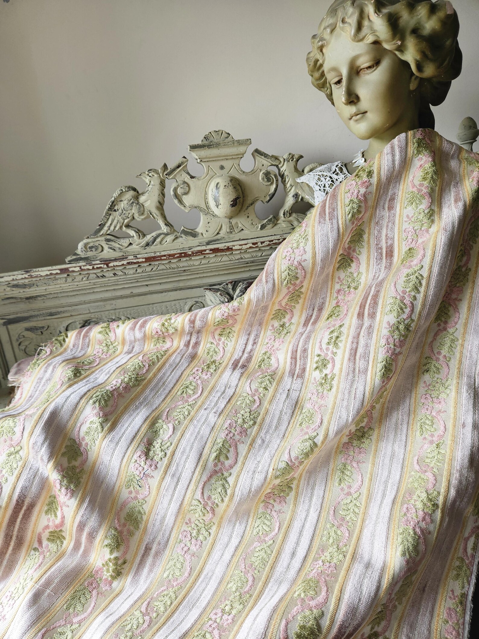 Vintage French Palest Pink Velvet Damask Tapestry Textile Remnant ...