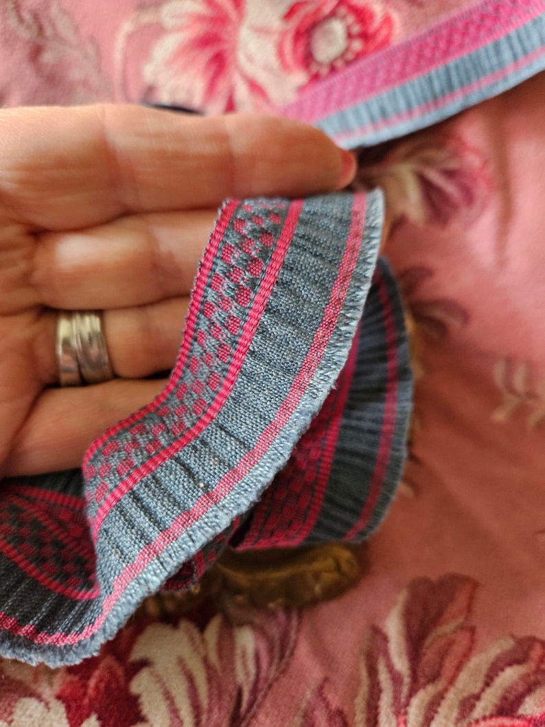 5.48 Mtrs of Stunning Antique French Cerise Pink & Teal Blue Silk ...