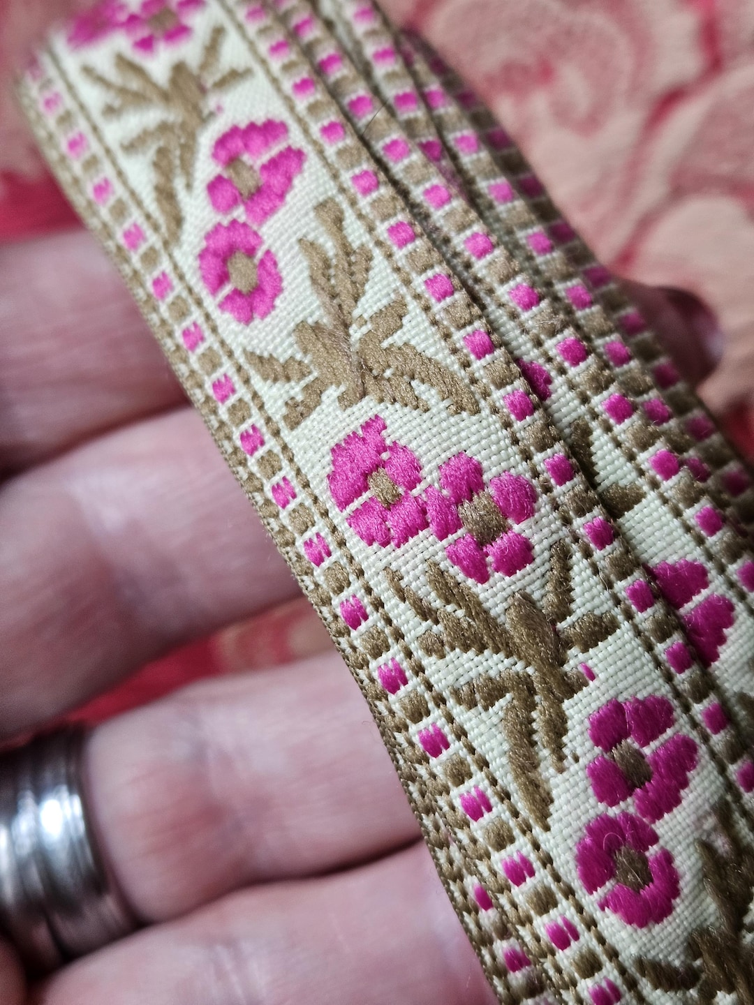 3.35 Mtrs of Exquisite Vintage French Cerise Pink & Beige Embroidered ...
