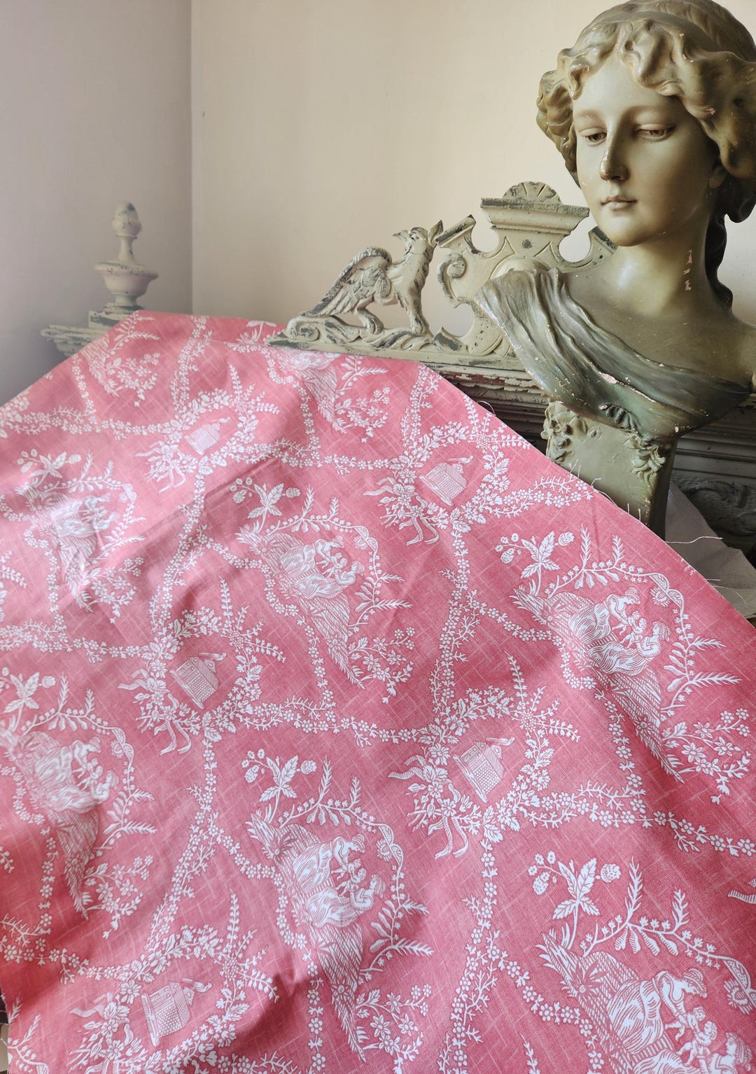 Gorgeous Vintage French Toile De Jouy Peach & White Cotton Fabric ...