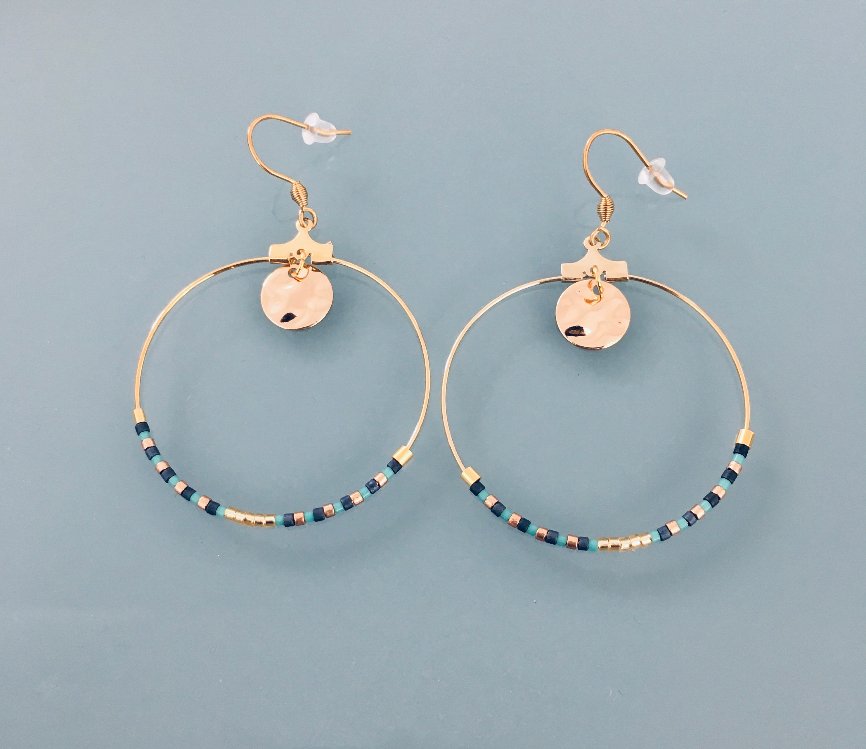 Golden ethnic Creole earrings in stainless steel and gold and turquoise ...