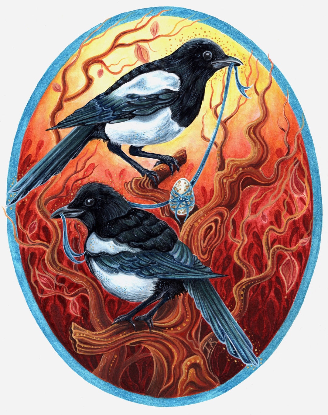 Magpies Corvids Nature Sunrise Art Print Illustration Painting Egg ...