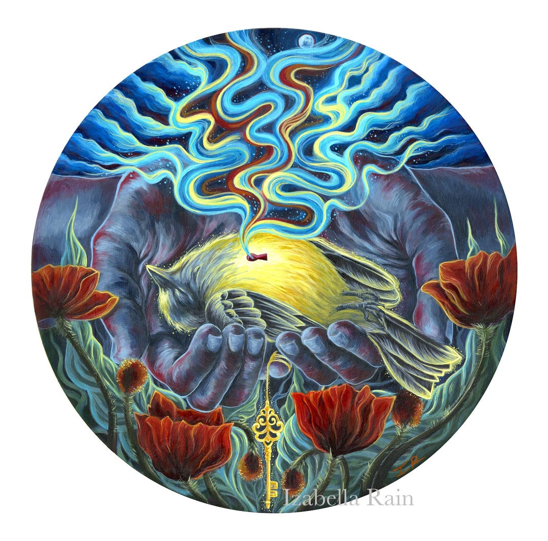 Inception Dead Bird in Hands Poppy Wall Art Death Grief Rebirth Surreal ...
