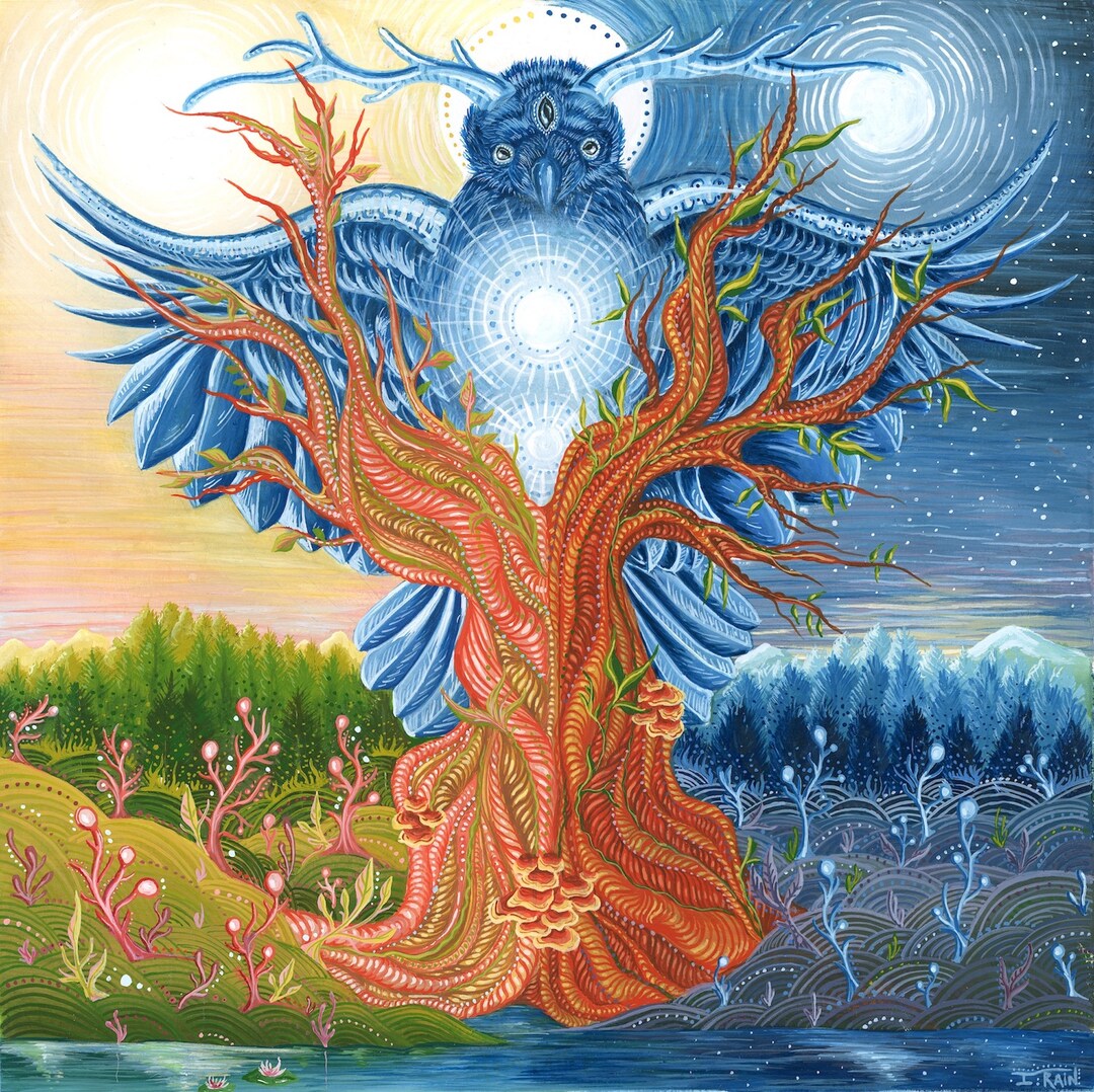 Mystical Tree Bird. Meditation Art Prints.raven.owl.nature Illustration ...