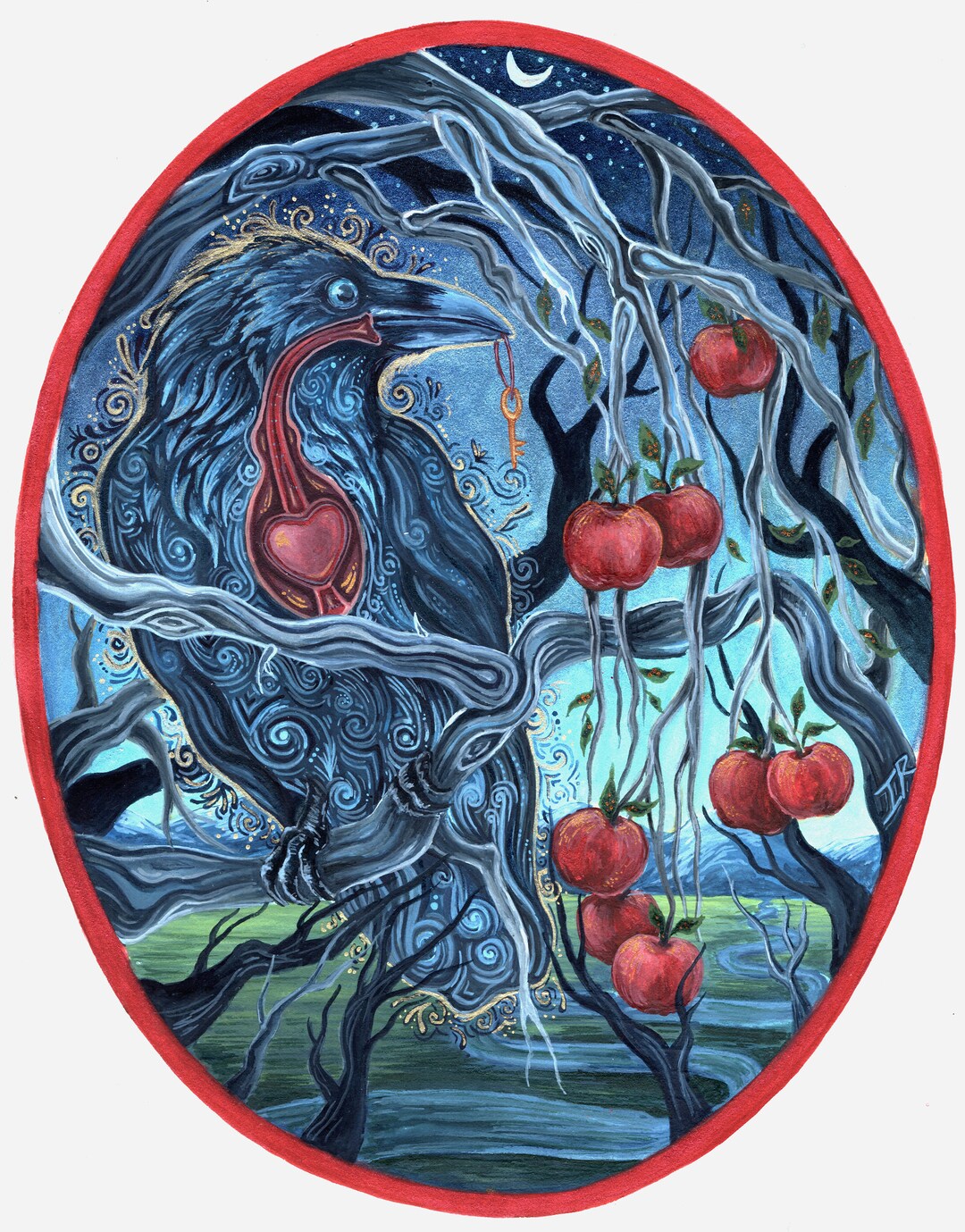 Raven Corvid Apple Tree Art Print Night Sky Mythical Mystical Surreal ...