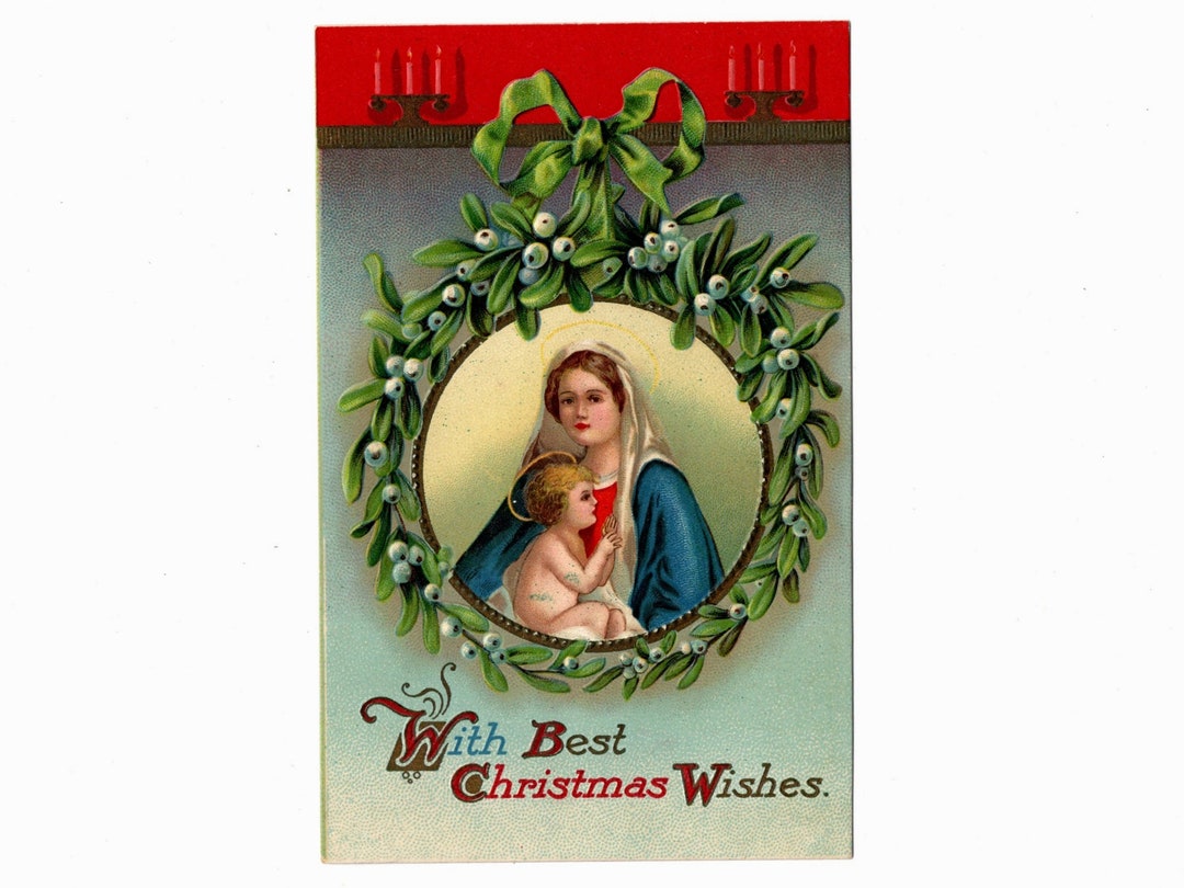 Antique Religious Christmas Postcard, Mary and Baby Jesus in Mistletoe ...