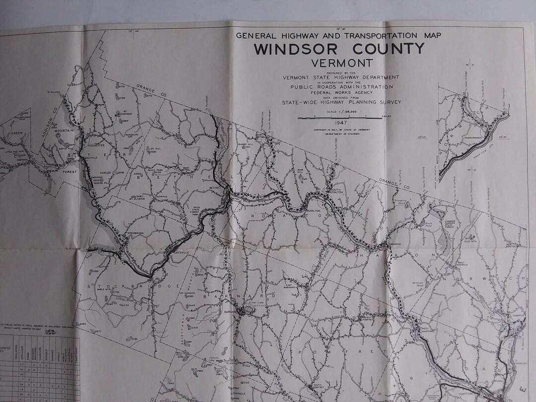 Vintage 1947 Windsor County, Vermont Highway and Transportation Map, 18 ...
