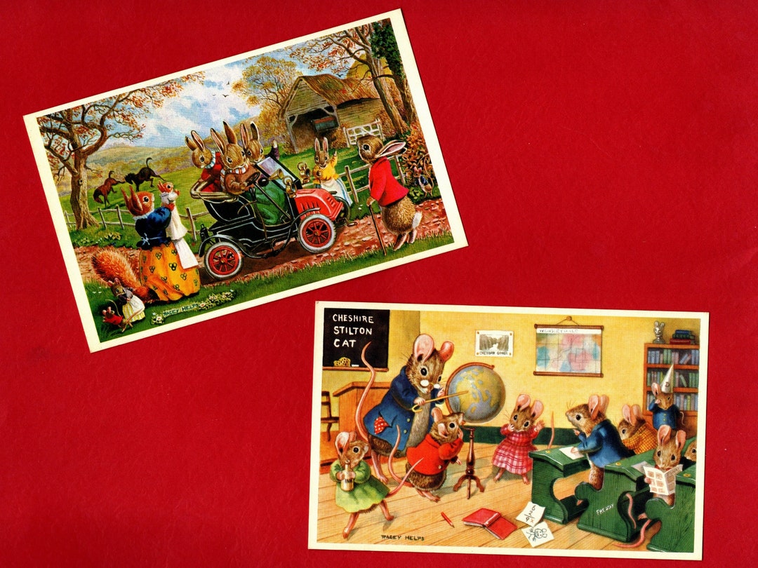 2 Vintage Racey Helps Postcards, Anthropomorphic Bunnies and Mice, New ...
