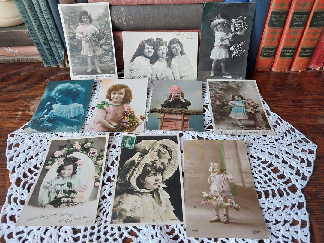 10 Antique Foreign Postcards of Pretty Girls, Real Photo, Hand Colored ...