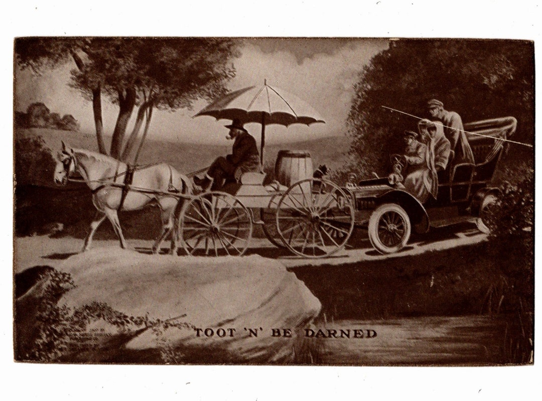 Antique Postcard, Old Man With Horse and Wagon, Dog Barking at Car ...