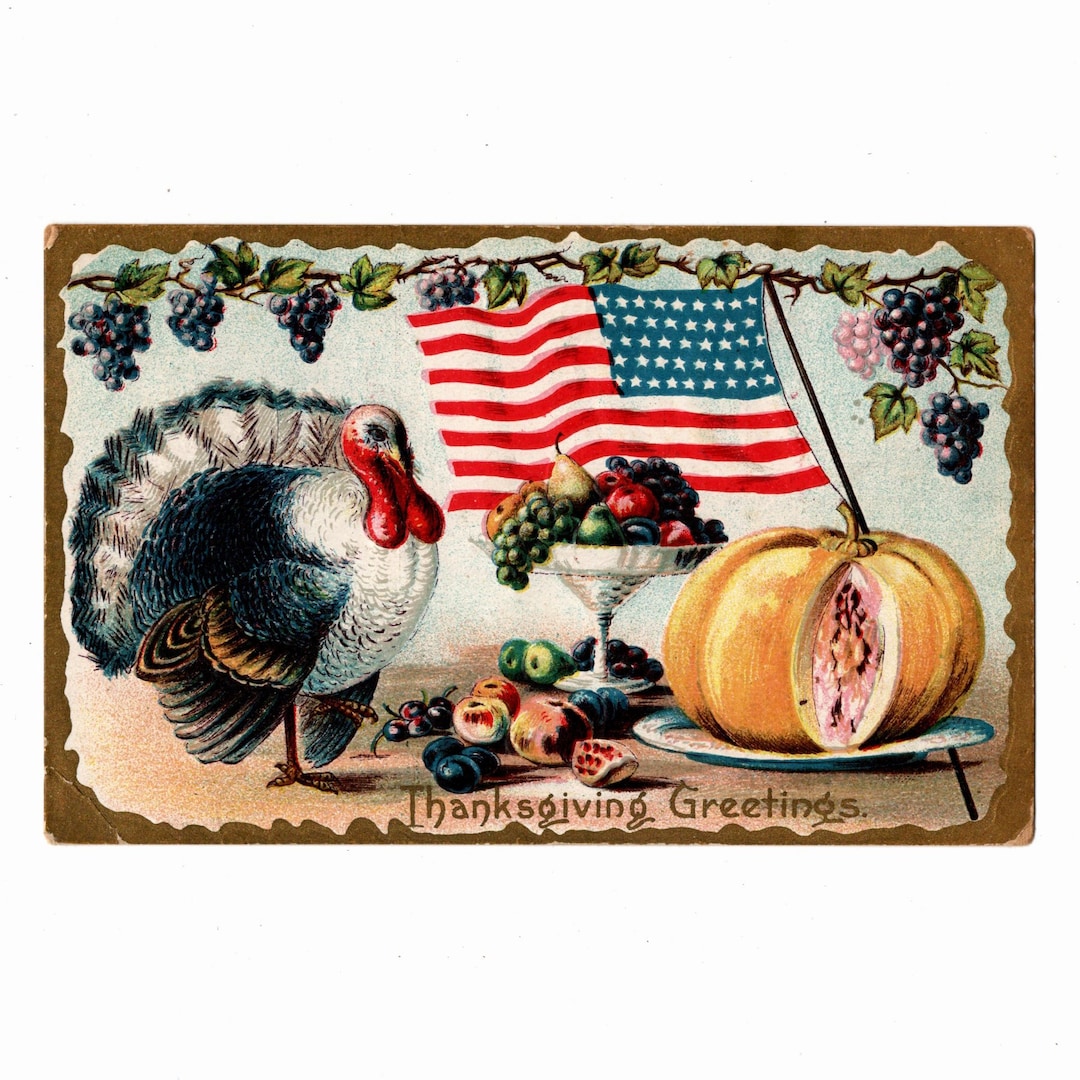 Antique 1910 Patriotic Thanksgiving Postcard, Turkey With American Flag ...