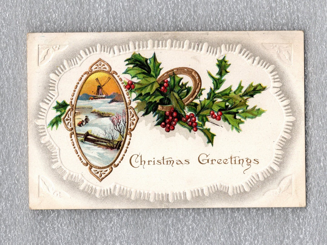 1912 Antique Christmas Greetings Postcard, Embossed Windmill, Gold Horseshoe and Holly Berries ...