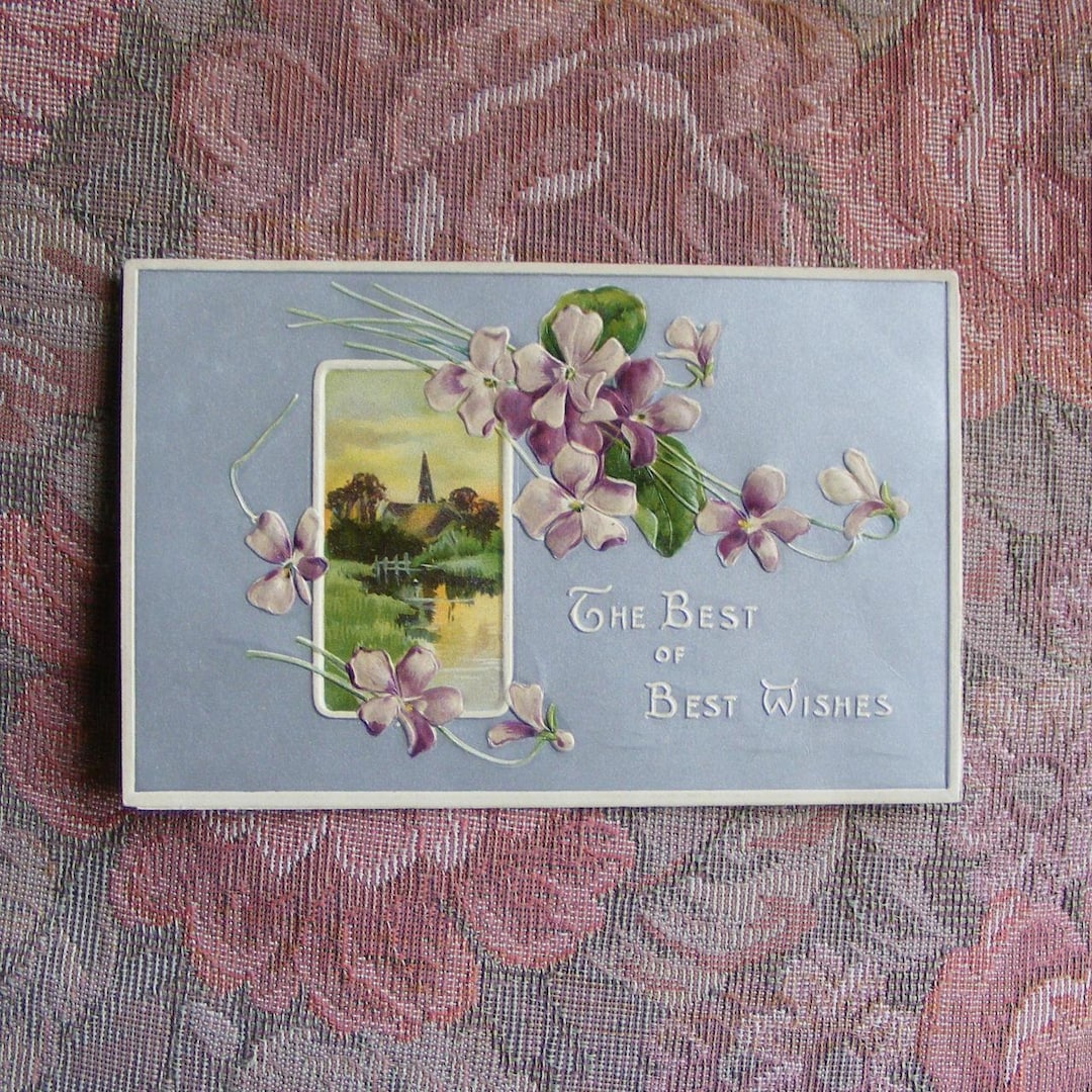 Antique 1908 Best Wishes Postcard, IAPC, Purple Violets, Church Scene ...