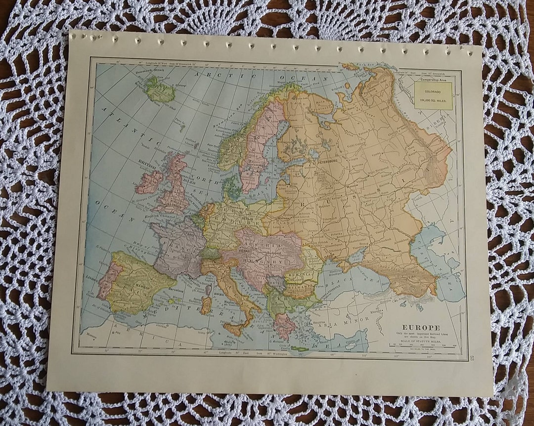 1896 Europe Map, British Isles on Back, Horace S. Tarbell, Color Wall ...