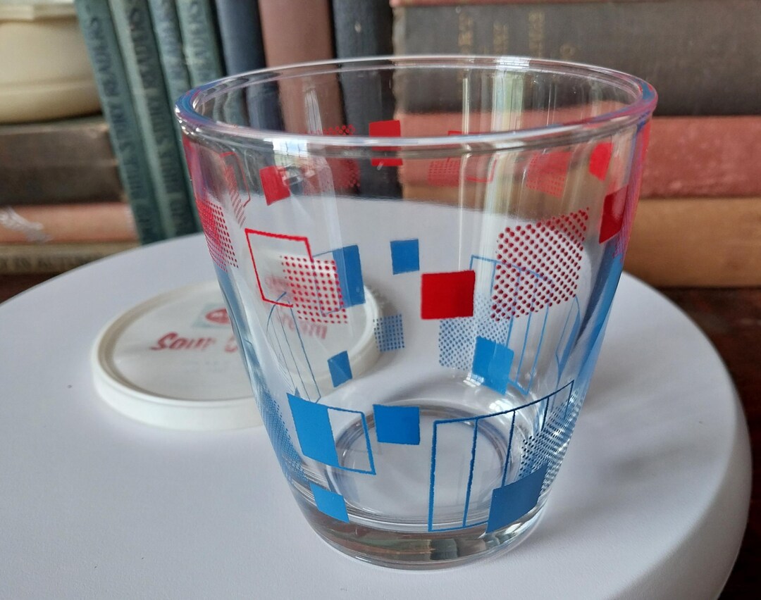 Vintage Mccadam Sour Cream Glass With Plastic Cover, Red and Royal Blue ...