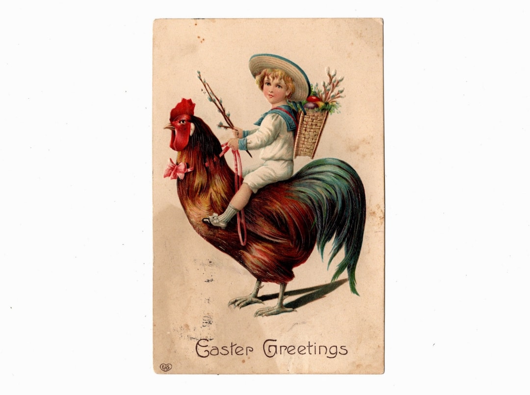 Antique 1910 Easter Postcard, Boy Riding a Giant Rooster, Fantasy Post ...