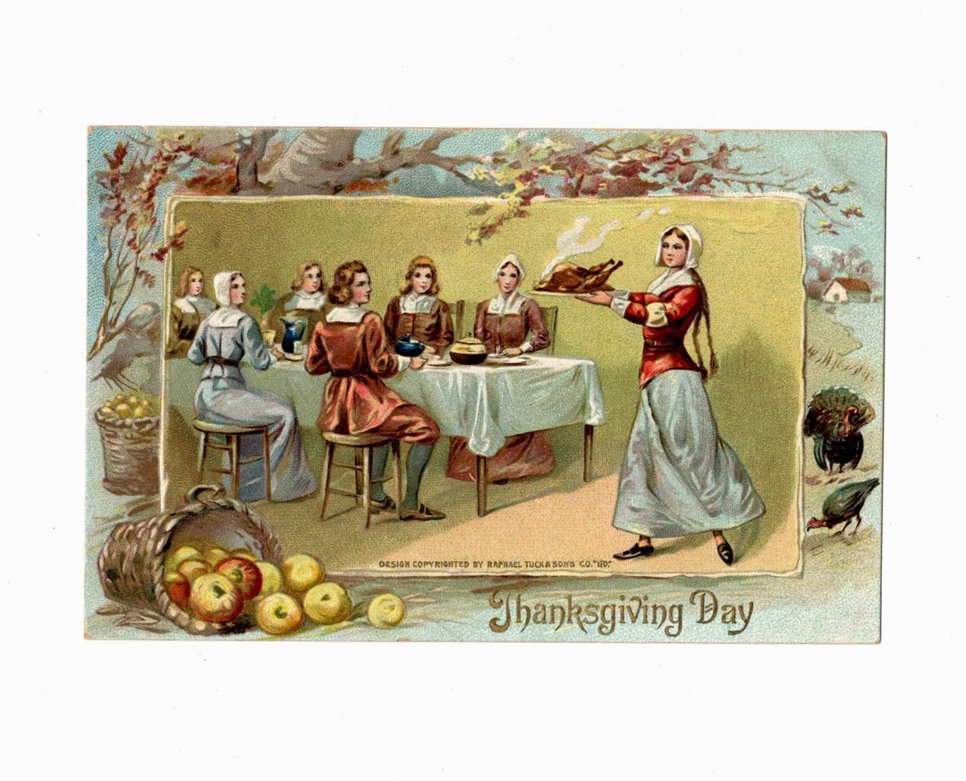 Antique Thanksgiving Postcard, Pilgrim Family Having Turkey Dinner ...
