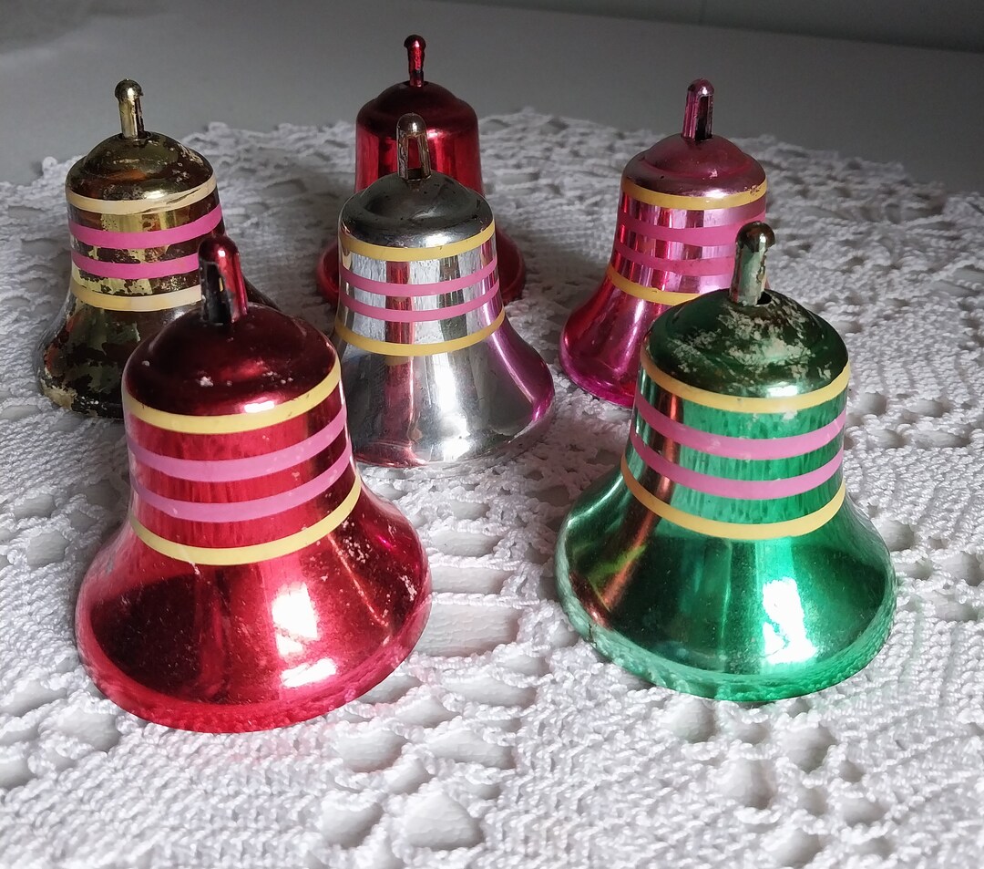 6 Vintage Plastic Bell Christmas Ornaments, Bradford Stripes, Solid Red ...