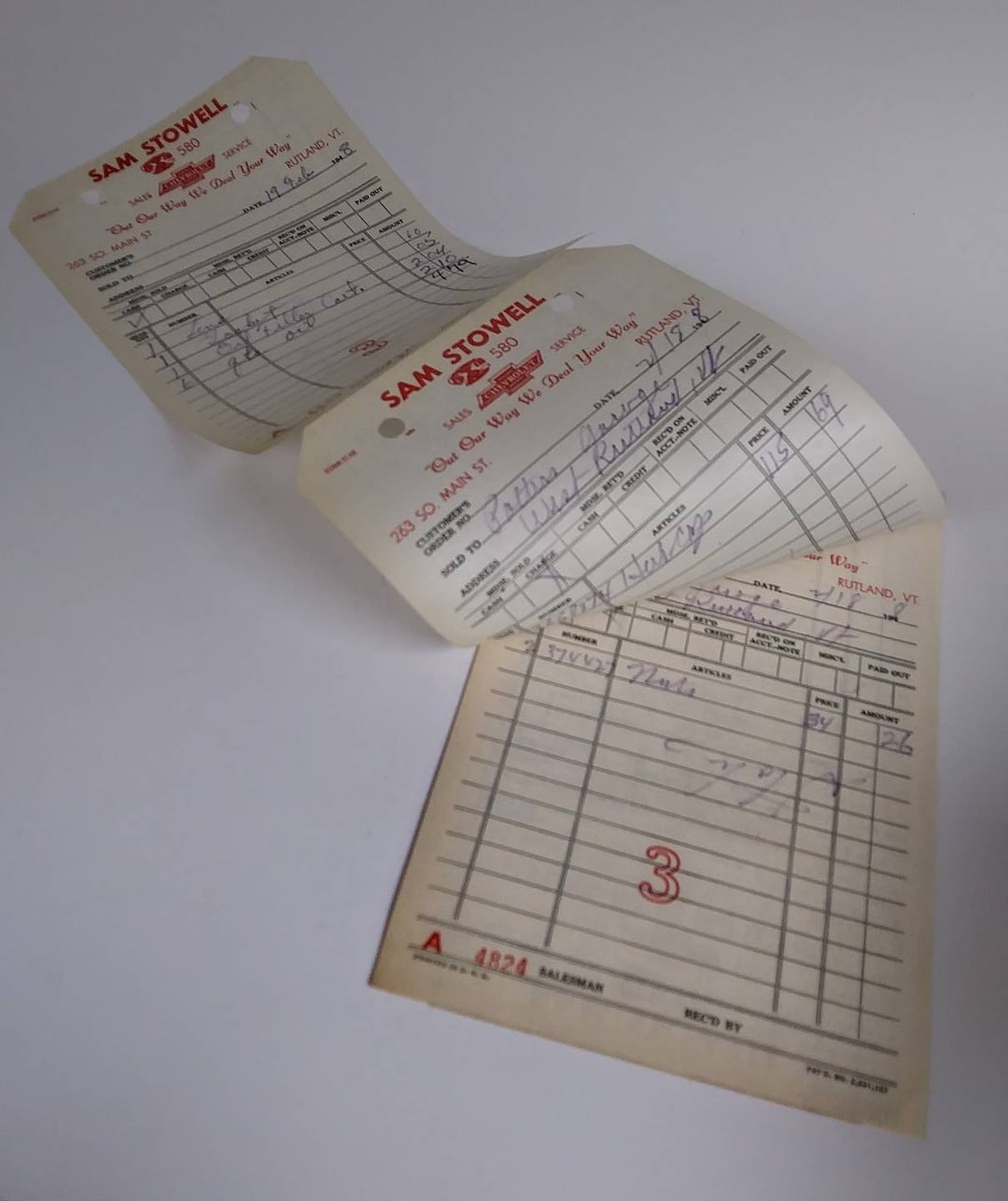 Ten 1948 Chevrolet Car Parts Receipt Forms, Sam Stowell, Rutland ...